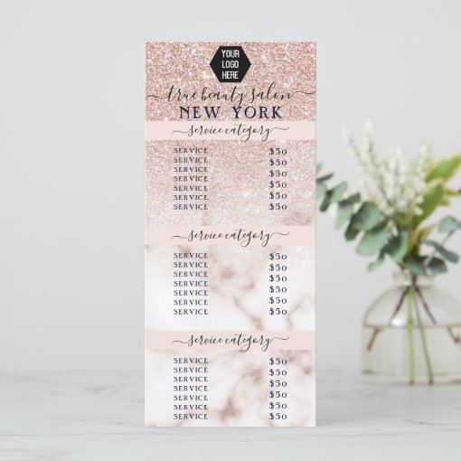 Rose Gold Glitter Marble Logo Salon Price List | Zazzle