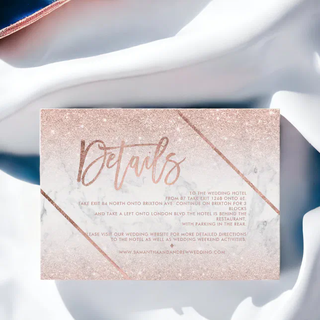 Rose gold glitter marble script wedding direction invitation | Zazzle