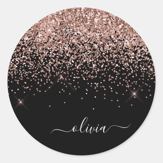 Rose Gold Glitter Metal Monogram Glam Name Classic Round Sticker ...