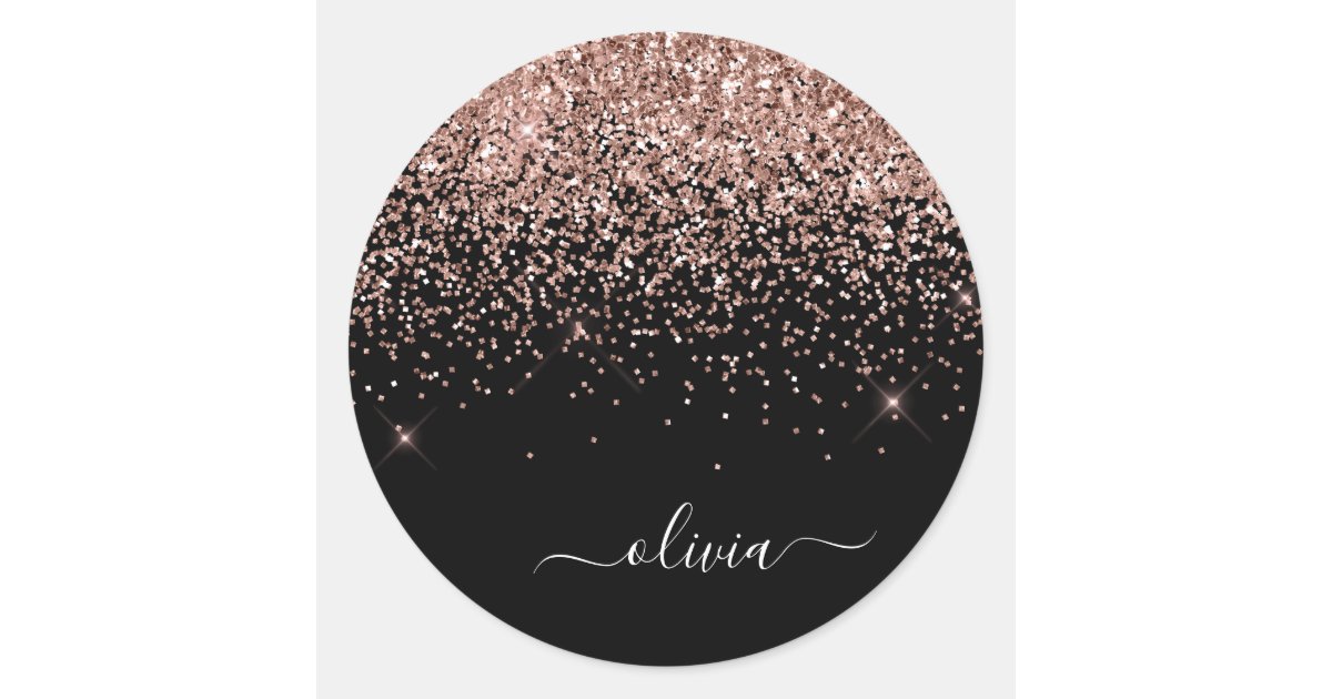Rose Gold Glitter Metal Monogram Glam Name Classic Round Sticker | Zazzle