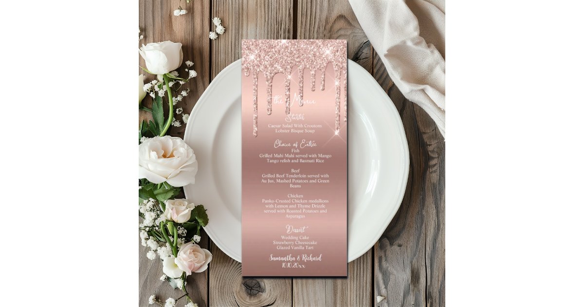 Rose Gold Glitter Metallic 4x9" Wedding Menu | Zazzle