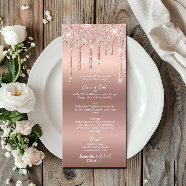 Rose Gold Glitter Metallic 4x9" Wedding Menu | Zazzle