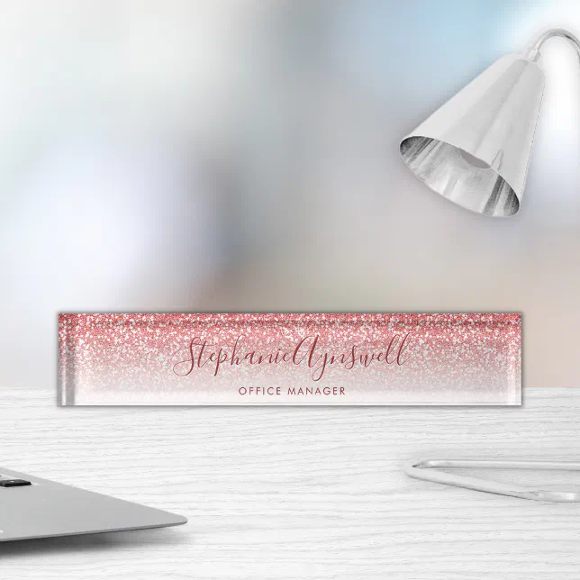 Rose Gold Glitter Modern Ombre Script Desk Name Plate | Zazzle