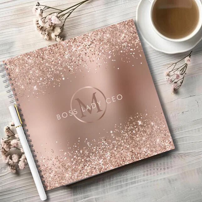 Rose Gold Glitter Monogram Boss Lady Notebook | Zazzle