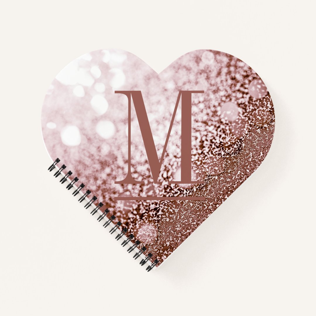 Rose Gold Glitter Monogram Heart Shaped Notebook | Zazzle