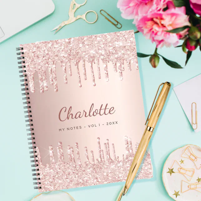 Rose gold glitter monogram name luxury notebook | Zazzle