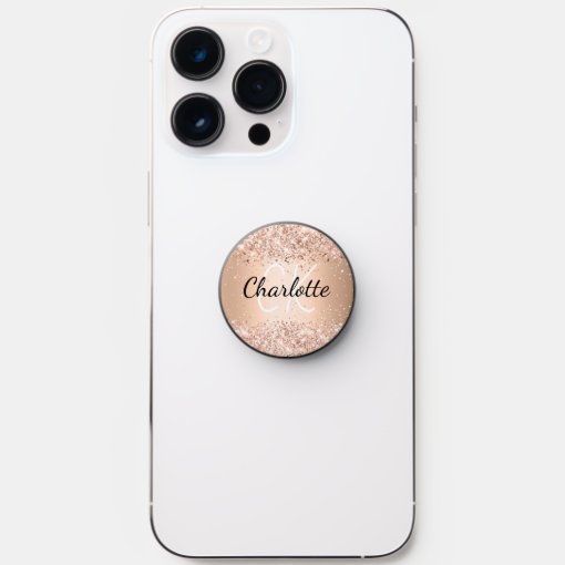 Rose gold glitter name monogram script PopSocket | Zazzle