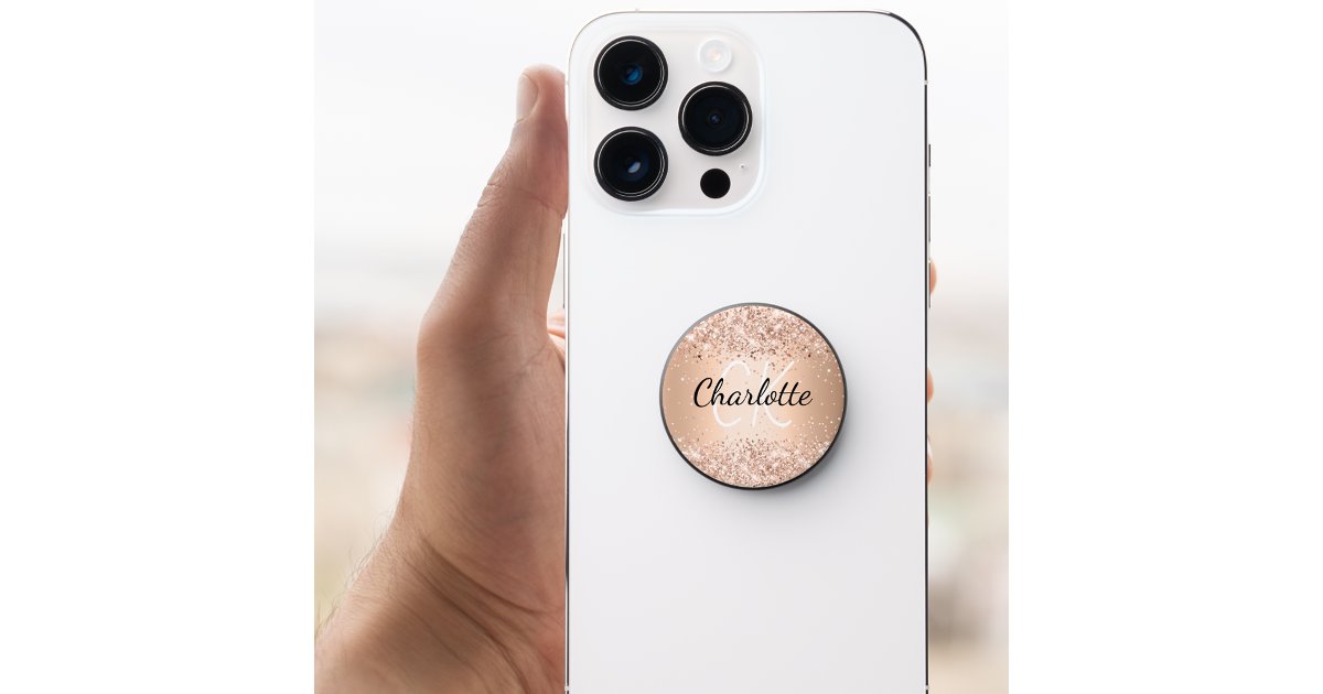 Rose gold glitter name monogram script PopSocket | Zazzle