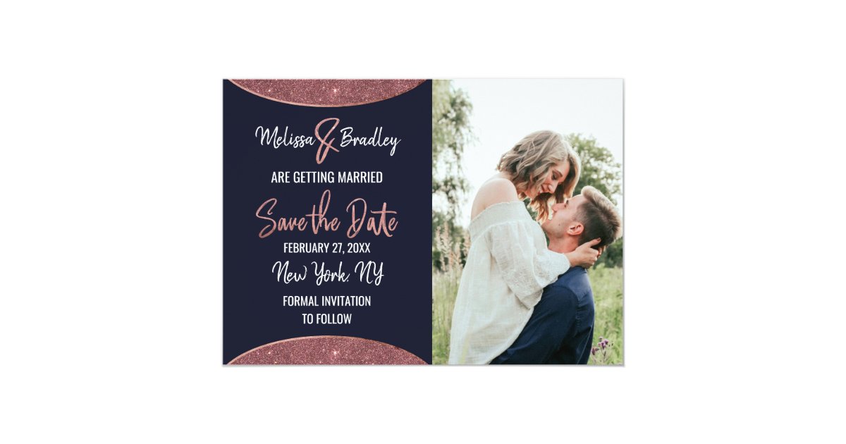 Rose Gold Glitter Navy Blue Circular Save the Date Invitation | Zazzle.com
