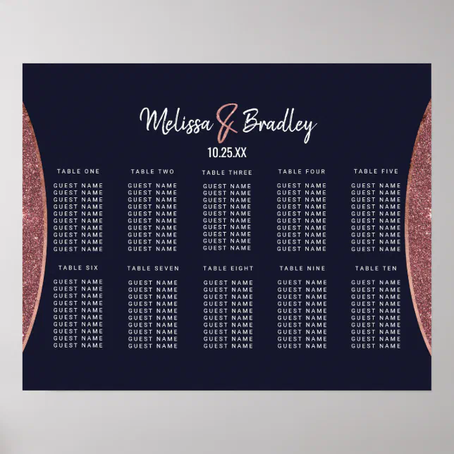 Rose Gold Glitter Navy Blue Circular Seating Chart | Zazzle