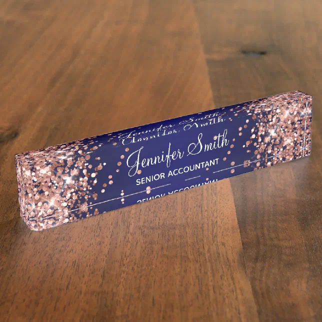 Rose Gold Glitter Navy Blue Gradient Desk Name Plate | Zazzle