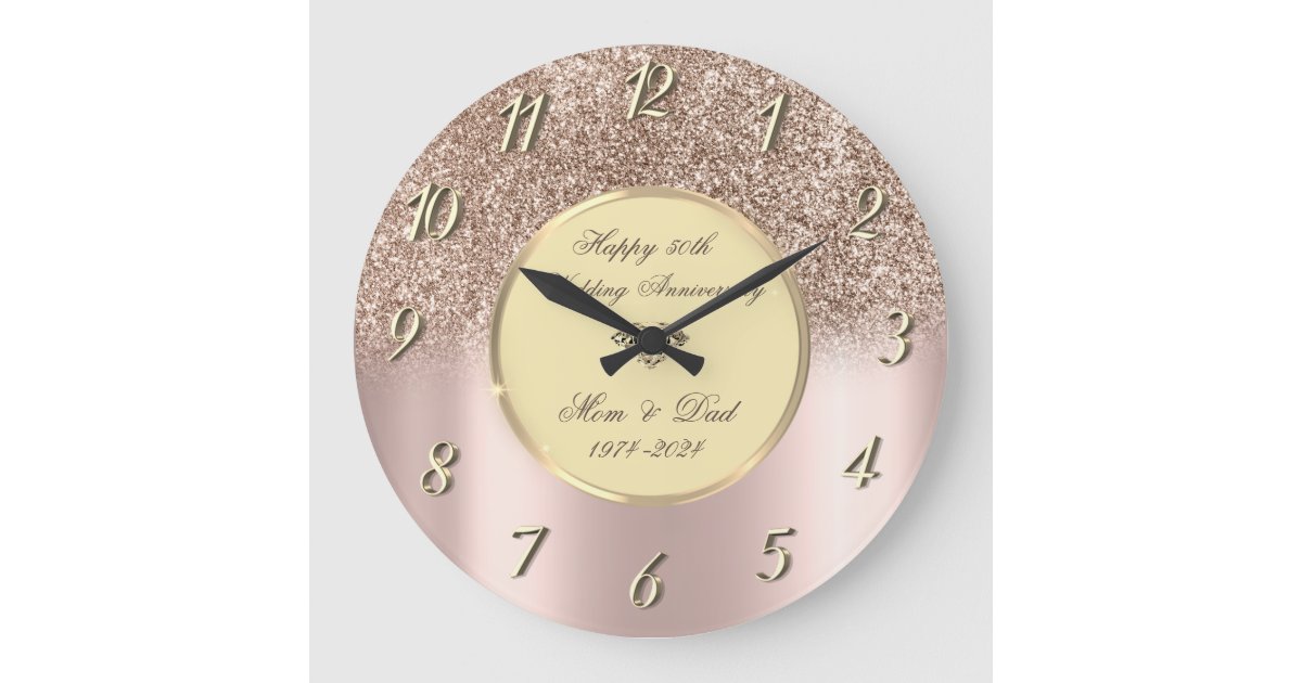 Rose Gold Glitter Ombre 50th Wedding Anniversary Large Clock | Zazzle