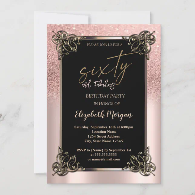 Rose Gold Glitter Ombre Border 60th Birthday Party Invitation | Zazzle