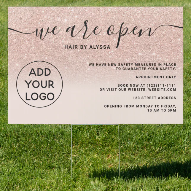 Rose gold glitter ombre logo blush pink We're open Sign | Zazzle