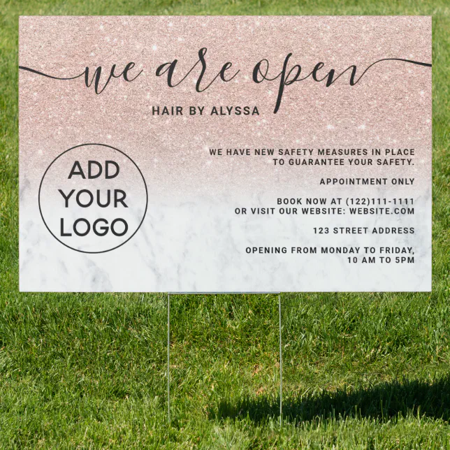 Rose gold glitter ombre logo marble We're open Sign | Zazzle