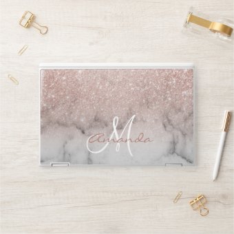 Rose Gold Glitter Ombre Marble Monogram HP Laptop Skin | Zazzle