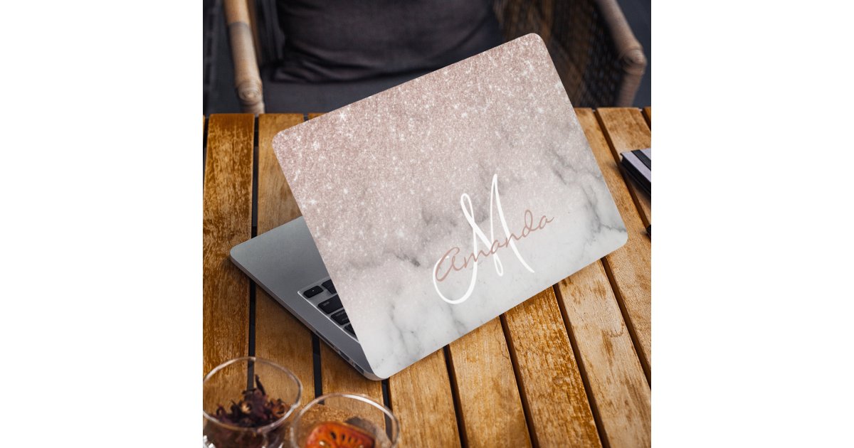 Rose Gold Glitter Ombre Marble Monogram HP Laptop Skin | Zazzle