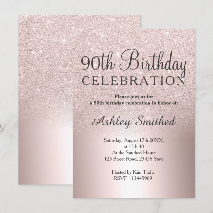 Rose gold glitter ombre metallic 90th birthday invitation | Zazzle