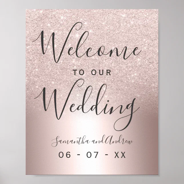 Rose gold glitter ombre metallic wedding welcome poster | Zazzle