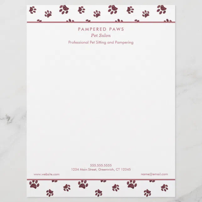 Rose Gold Glitter Paw Print Professional Pet Salon Letterhead | Zazzle