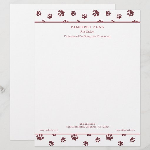 Rose Gold Glitter Paw Print Professional Pet Salon Letterhead | Zazzle
