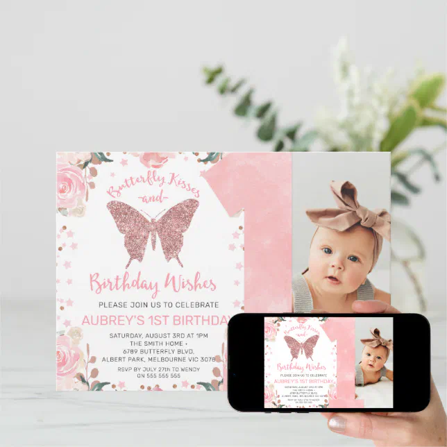 Rose Gold Glitter Photo Butterfly First Birthday Invitation | Zazzle