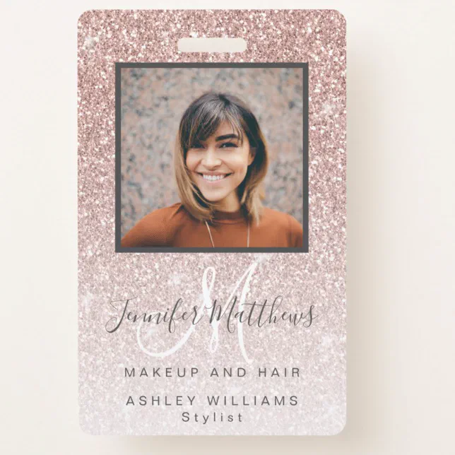 Rose Gold Glitter Photo Makeup Hair Salon Badge | Zazzle
