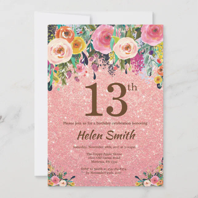 Rose Gold Glitter Pink Floral 13th Birthday Invitation | Zazzle