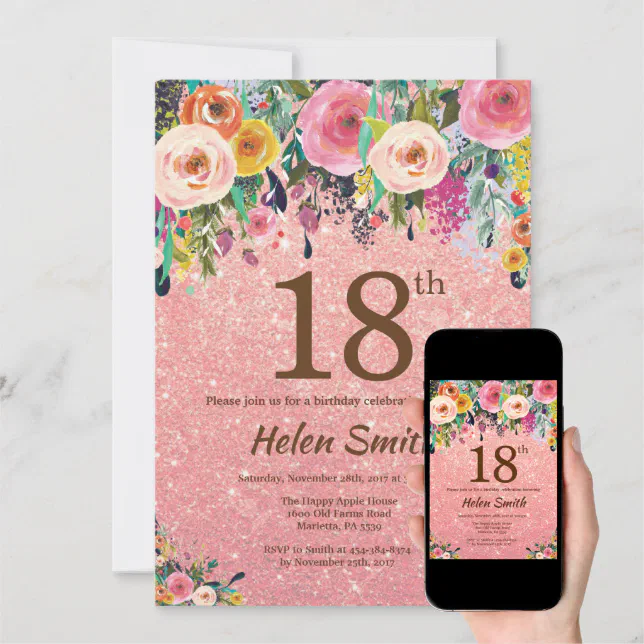 Rose Gold Glitter Pink Floral 18th Birthday Invitation | Zazzle