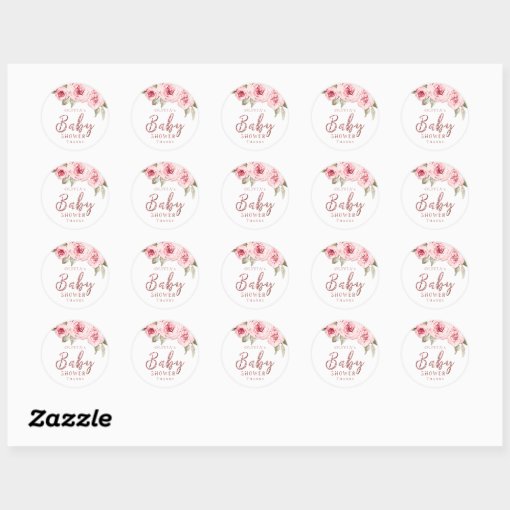 Rose gold glitter pink floral baby shower classic round sticker | Zazzle