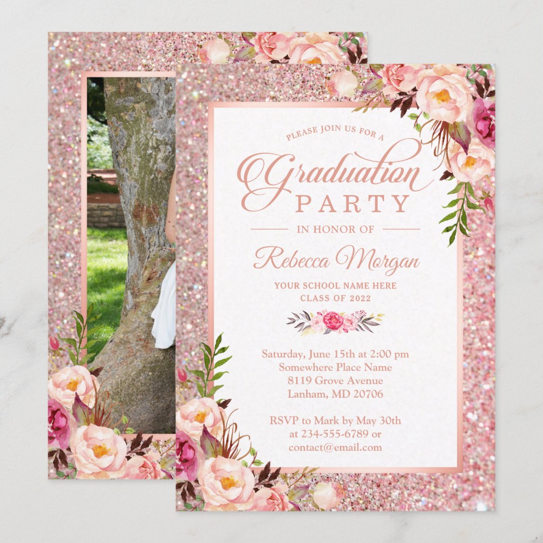 Rose Gold Glitter Pink Floral Graduation Party Invitation | Zazzle