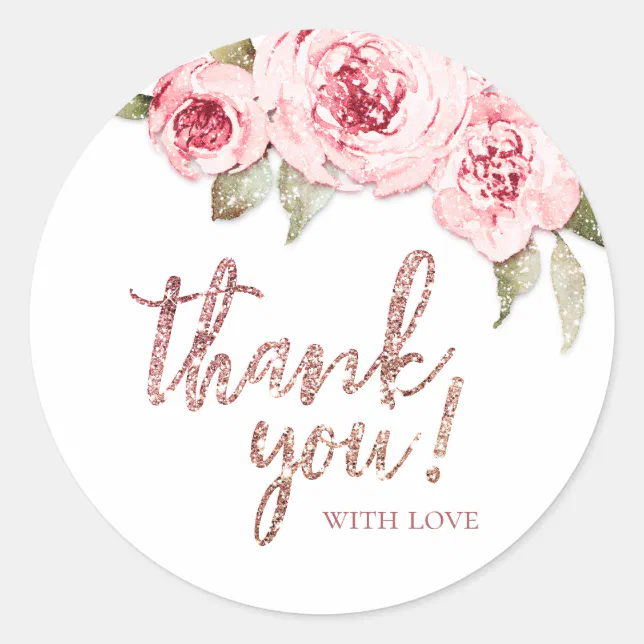 Rose gold glitter pink floral thank you classic round sticker | Zazzle