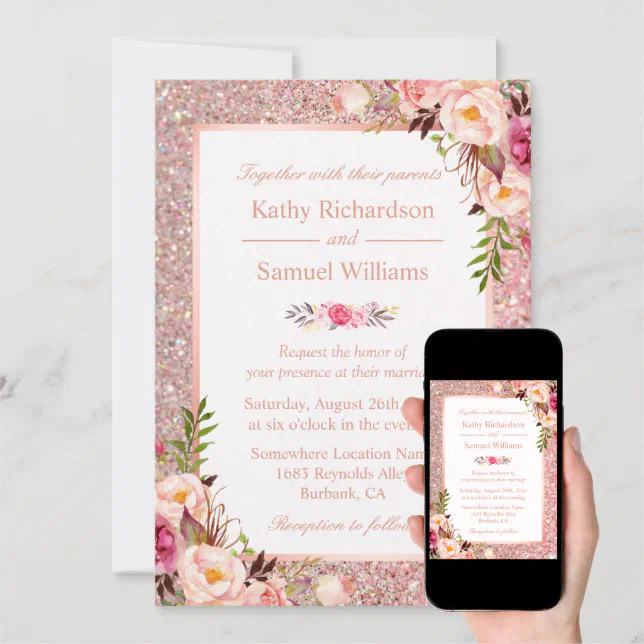 Rose Gold Glitter Pink Floral Wedding Invitation | Zazzle