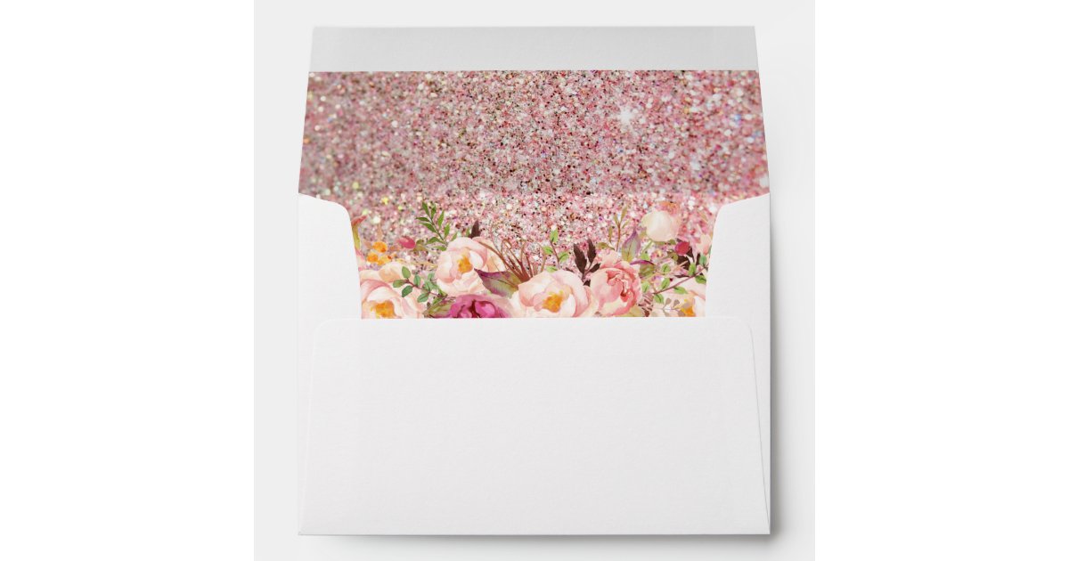 Rose Gold Glitter Pink Floral with Return Address Envelope | Zazzle
