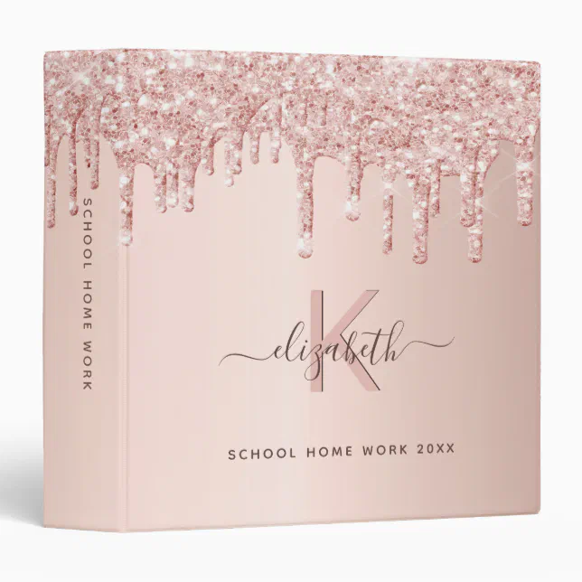 Rose gold glitter pink monogram glam school 3 ring binder | Zazzle