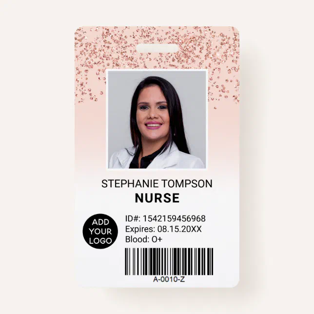 Rose gold glitter pink ombre nurse photo logo code badge | Zazzle