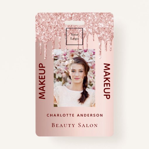 Rose gold glitter pink photo beauty salon makeup badge | Zazzle
