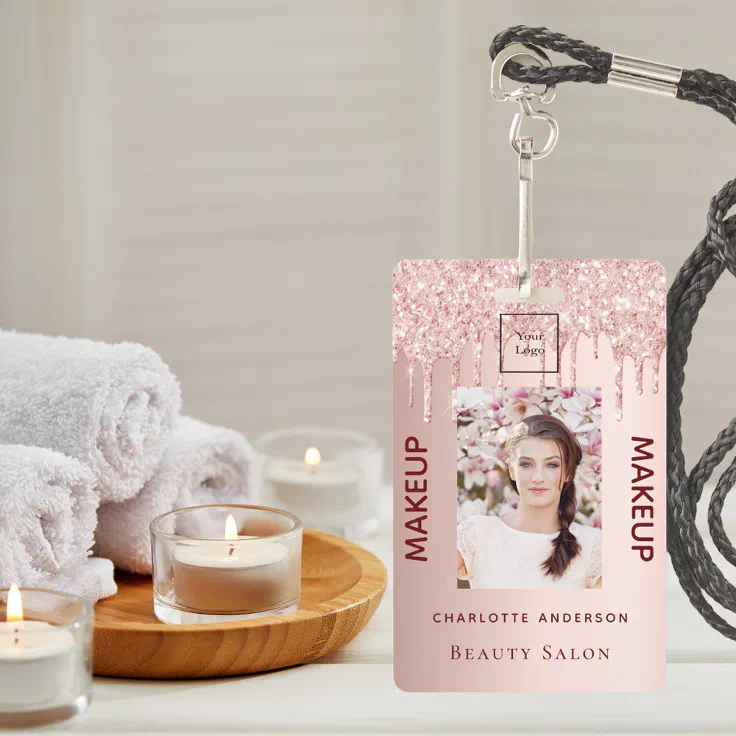 Rose gold glitter pink photo beauty salon makeup badge | Zazzle