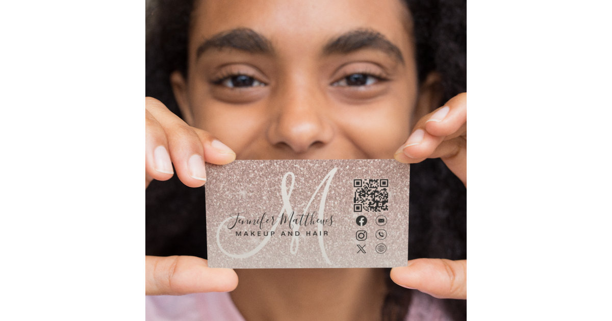 Rose Gold Glitter Pink QR Code Makeup Hair Business Card | Zazzle