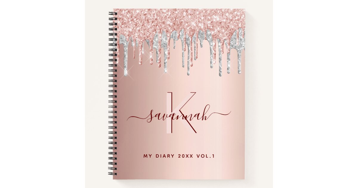 Rose gold glitter pink silver monogram diary notebook | Zazzle