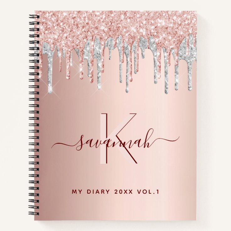 Rose gold glitter pink silver monogram diary notebook | Zazzle
