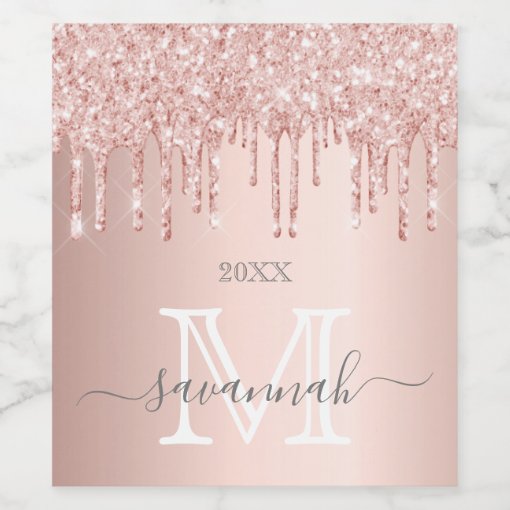 Rose gold glitter pink sparkle monogram wine label | Zazzle