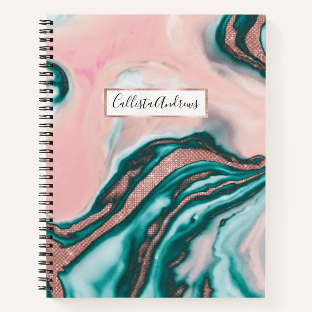 Rose Gold Glitter Pink Teal Swirly Painted Marble Notebook | Zazzle