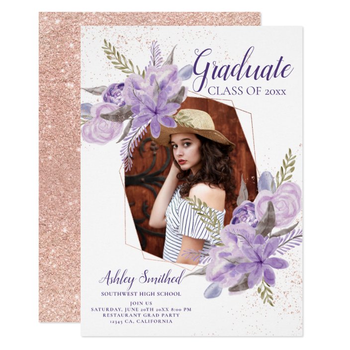 Rose gold glitter purple floral photo graduation invitation | Zazzle.com