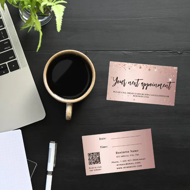 Rose gold glitter QR business appointment card | Zazzle