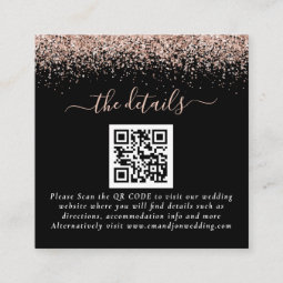 Rose Gold Glitter QR Code Black Wedding Details Enclosure Card | Zazzle