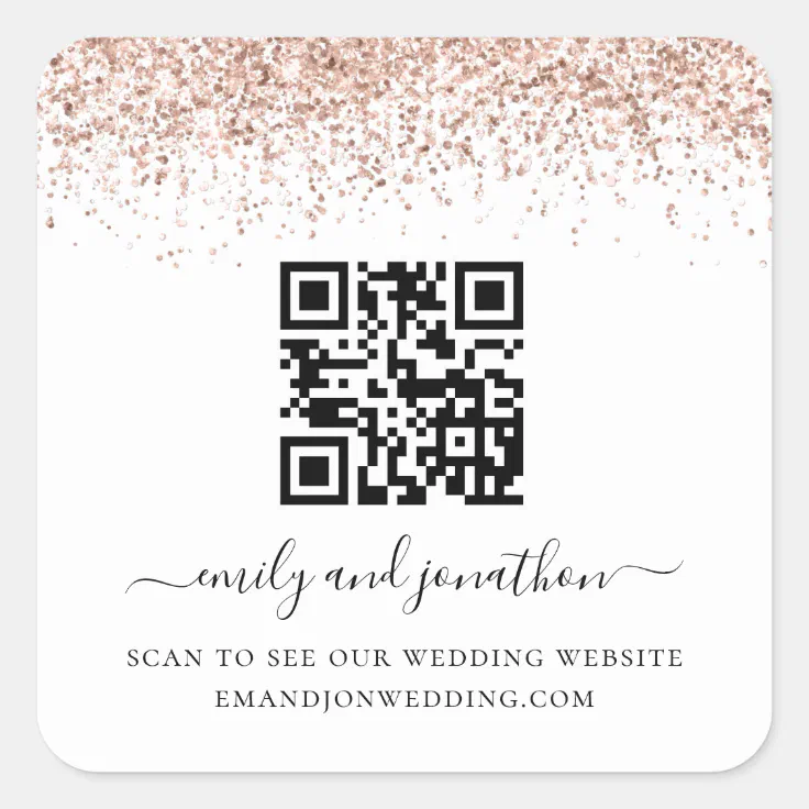 Rose Gold Glitter QR Code Wedding Website Square Sticker | Zazzle