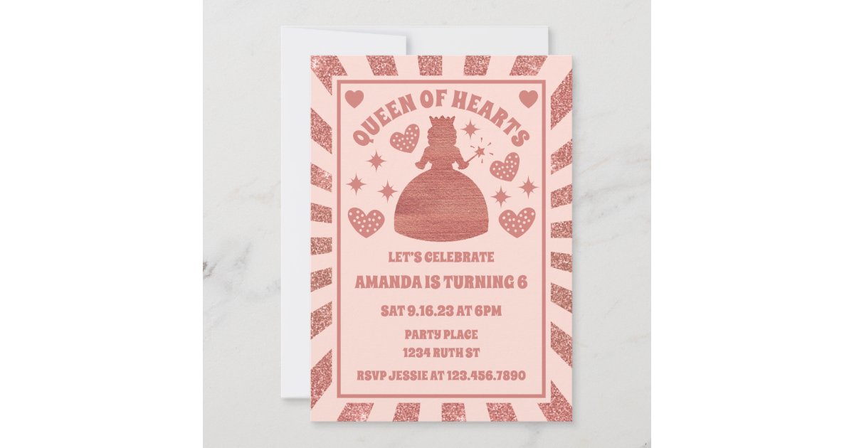 Rose Gold Glitter Queen Of Hearts Birthday Invitation | Zazzle