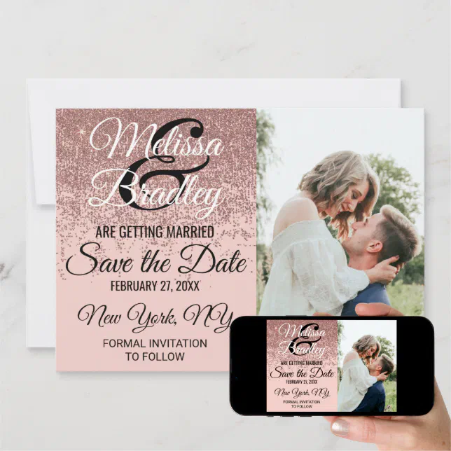 Rose Gold Glitter Sparkle Blush Pink Save the Date Invitation | Zazzle
