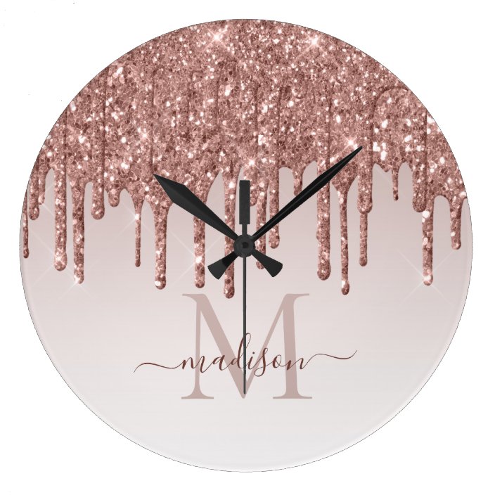 Rose Gold Glitter Sparkle Glam Dripping Monogram Large Clock | Zazzle.com